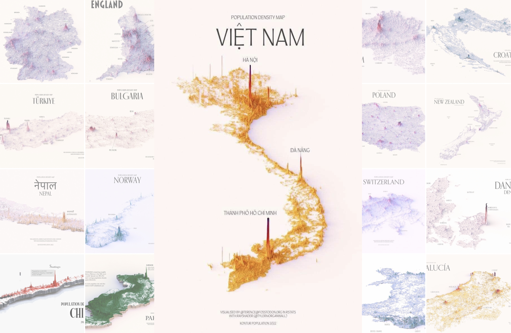 Bản đồ 3D đầy tượng hình của mật độ dân số thế giới • RGB